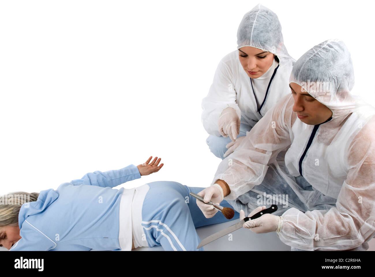 Crime scene :Two criminologists investigate a crime, victim woman was ...
