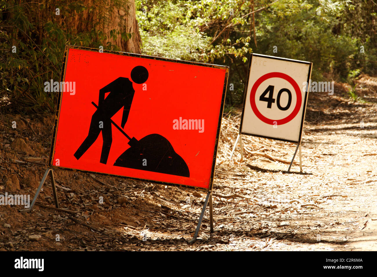 Men at work road signs on country dirt road, Southwest Australia Stock ...
