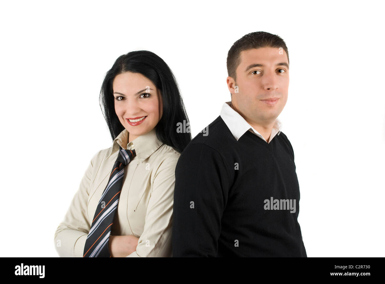 Two young and happy business people isolated on white background Stock ...