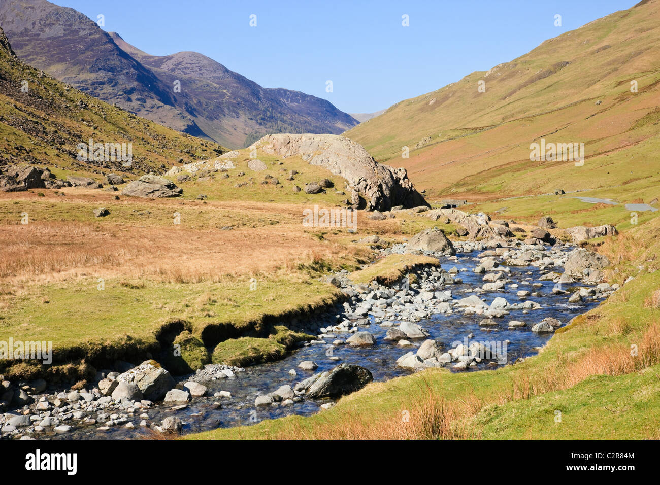 Gatesgarthdale Beck in Honister Pass glacial valley with glacial roche ...