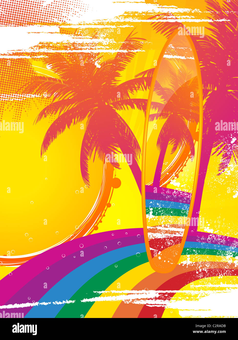 Surfboard with abstract tropical design on tropical rainbow background ...