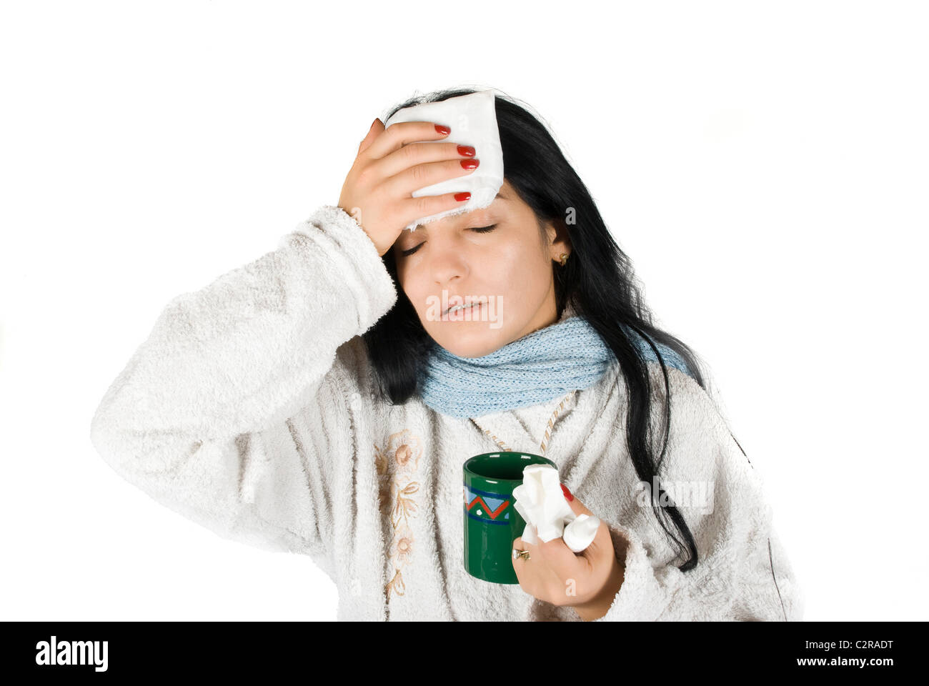 Having a bad cold with fever on white background Stock Photo - Alamy