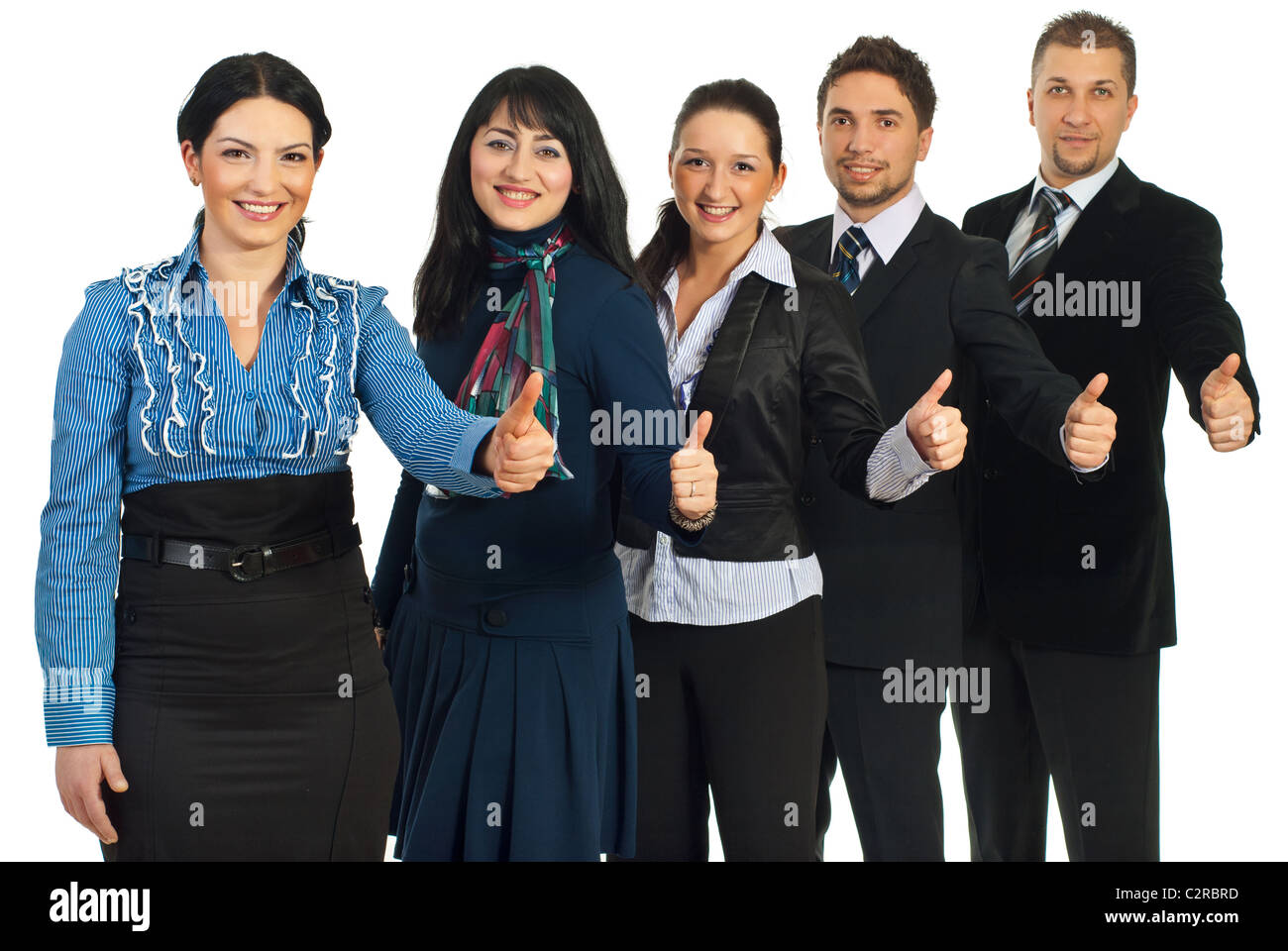 Successful team of five business people standing in a row and giving ...