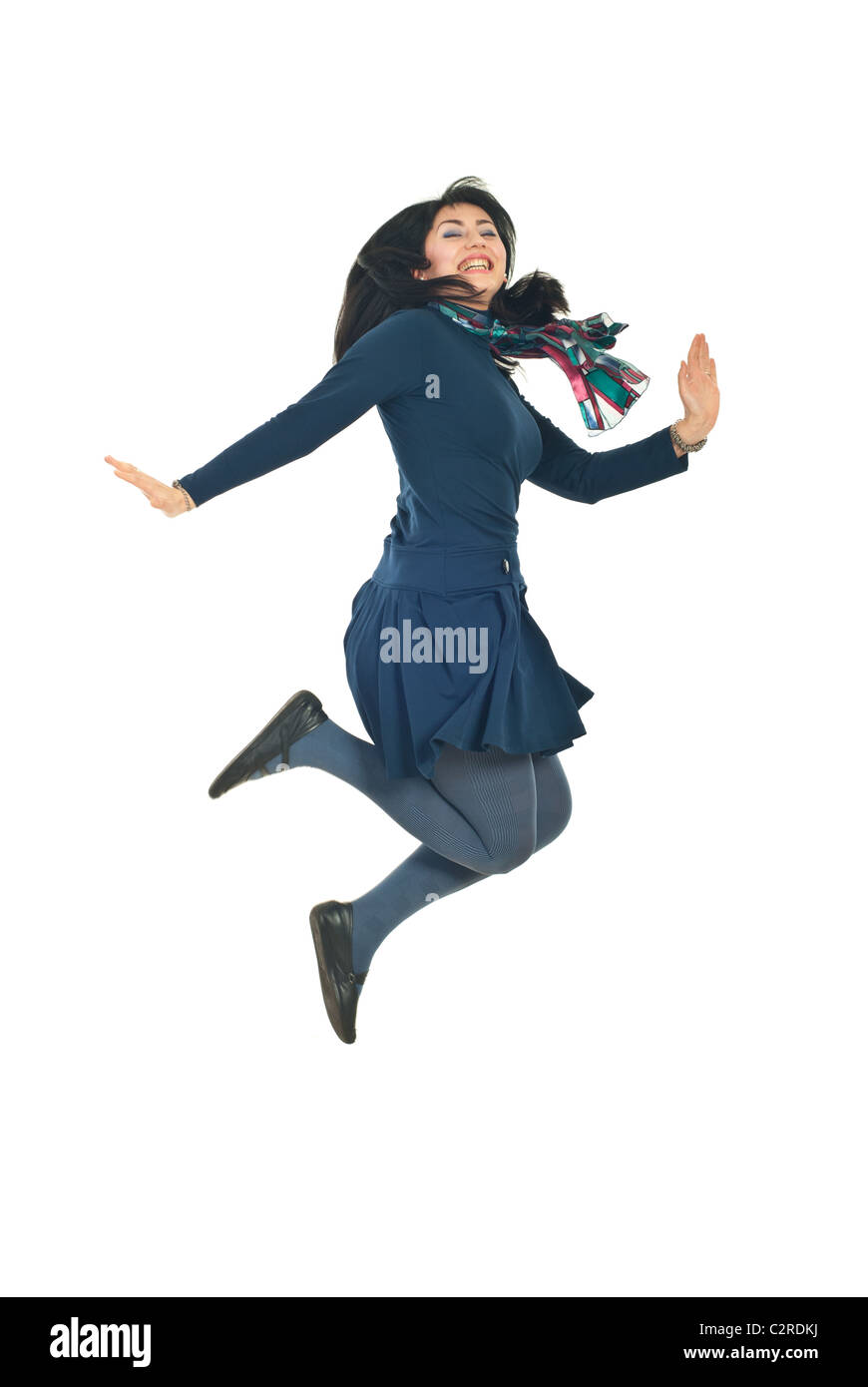 Cheerful woman jumping isolated on white background Stock Photo - Alamy