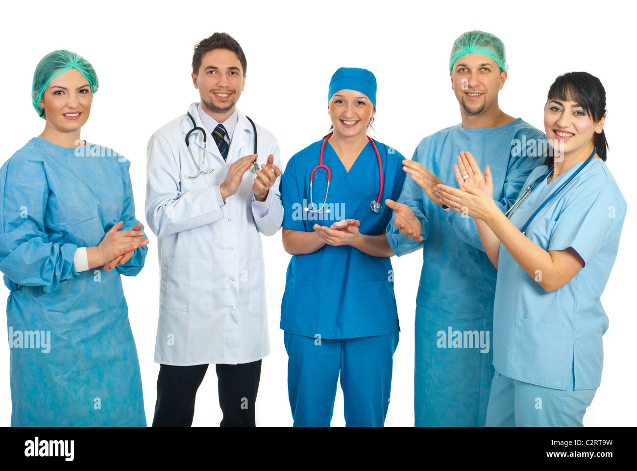 Five different doctors standing in a row and applauding isolated on ...