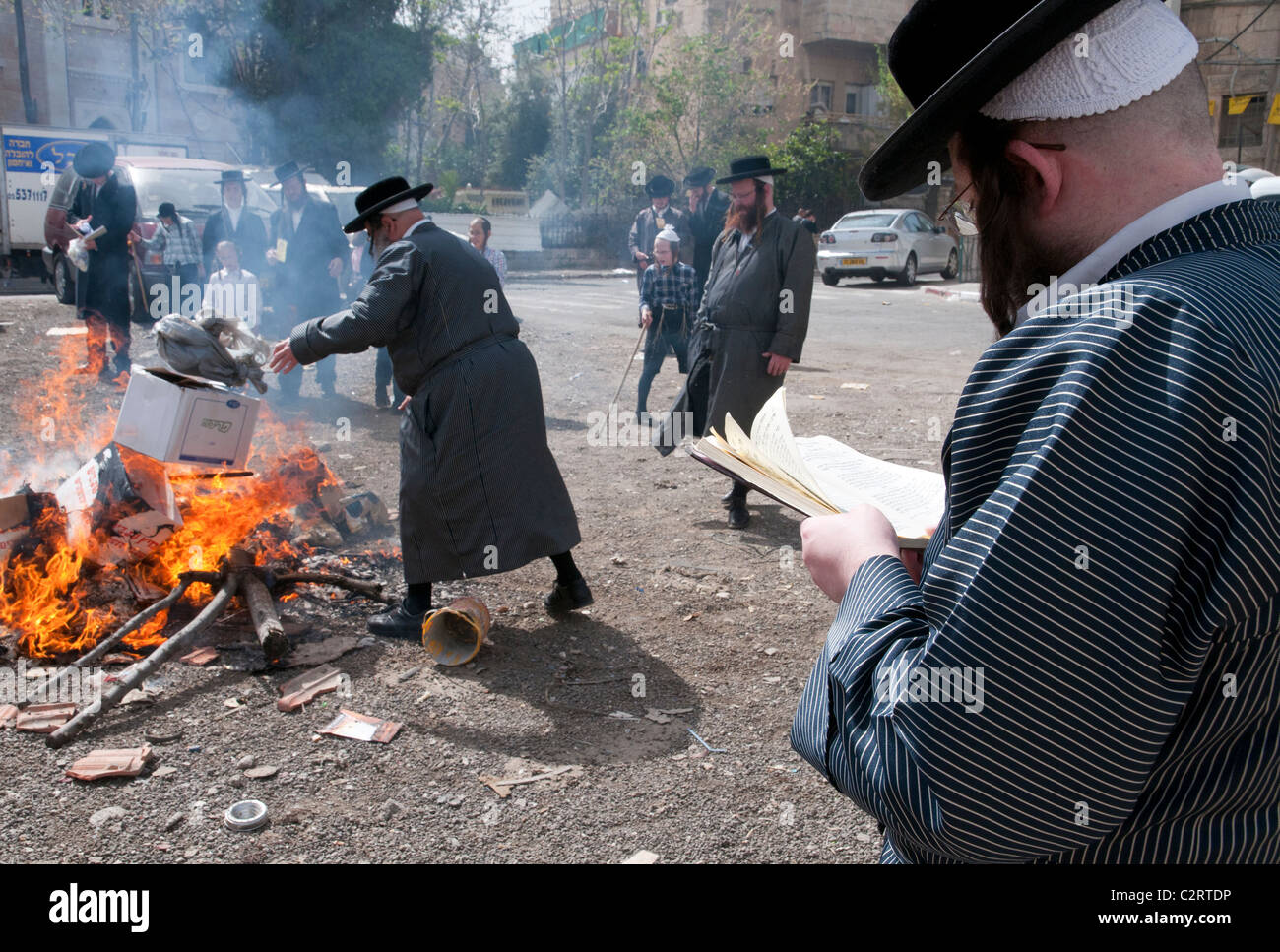 Burning of leftover bread for Jewish Passover. Mea Shearim orthodox ...