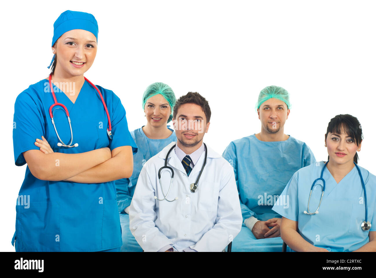 Doctor teacher woman standing with hands crossed in front of camera ...