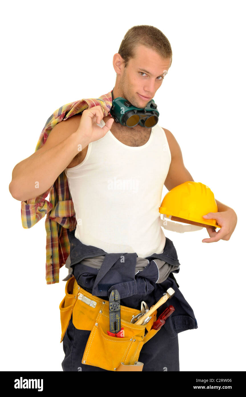 Construction worker isolated in white Stock Photo - Alamy