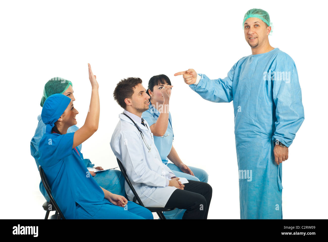 Surgeon man questioning colleagues at conference and doctor woman know ...