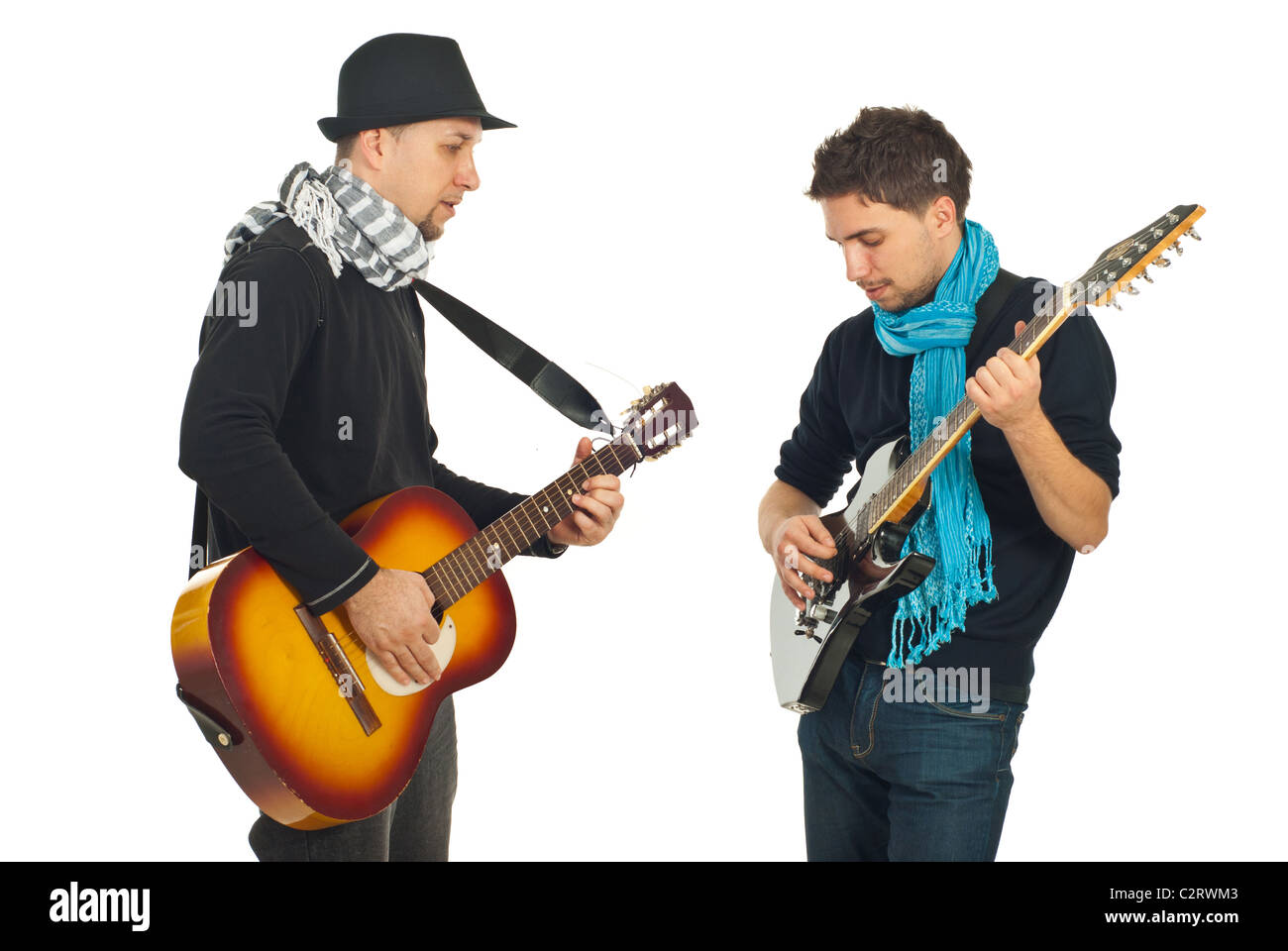 Musical band of two men playing acoustic and electronic guitars ...