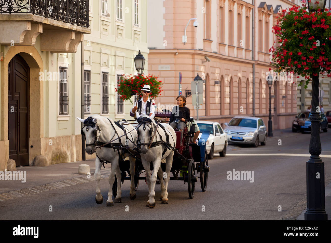 The typical street scene in Buda in Budapest near the castle Stock ...