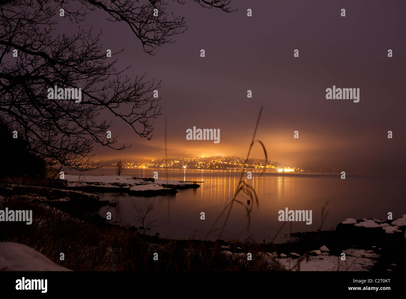 A night view over the winter northern sea on an island with bright ...