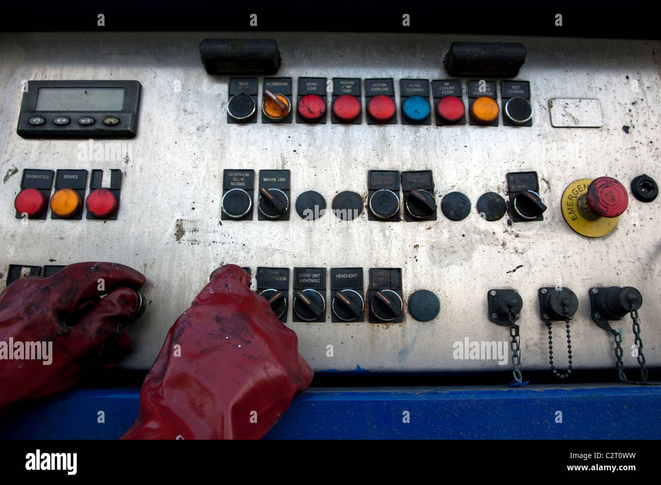 Industrial waste treatment plant, England - control panel of tanker ...