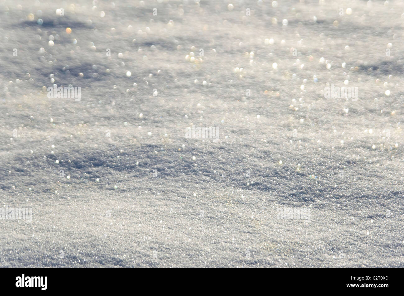 Horizontal close up of a fresh layer of powder snow glistening in the ...