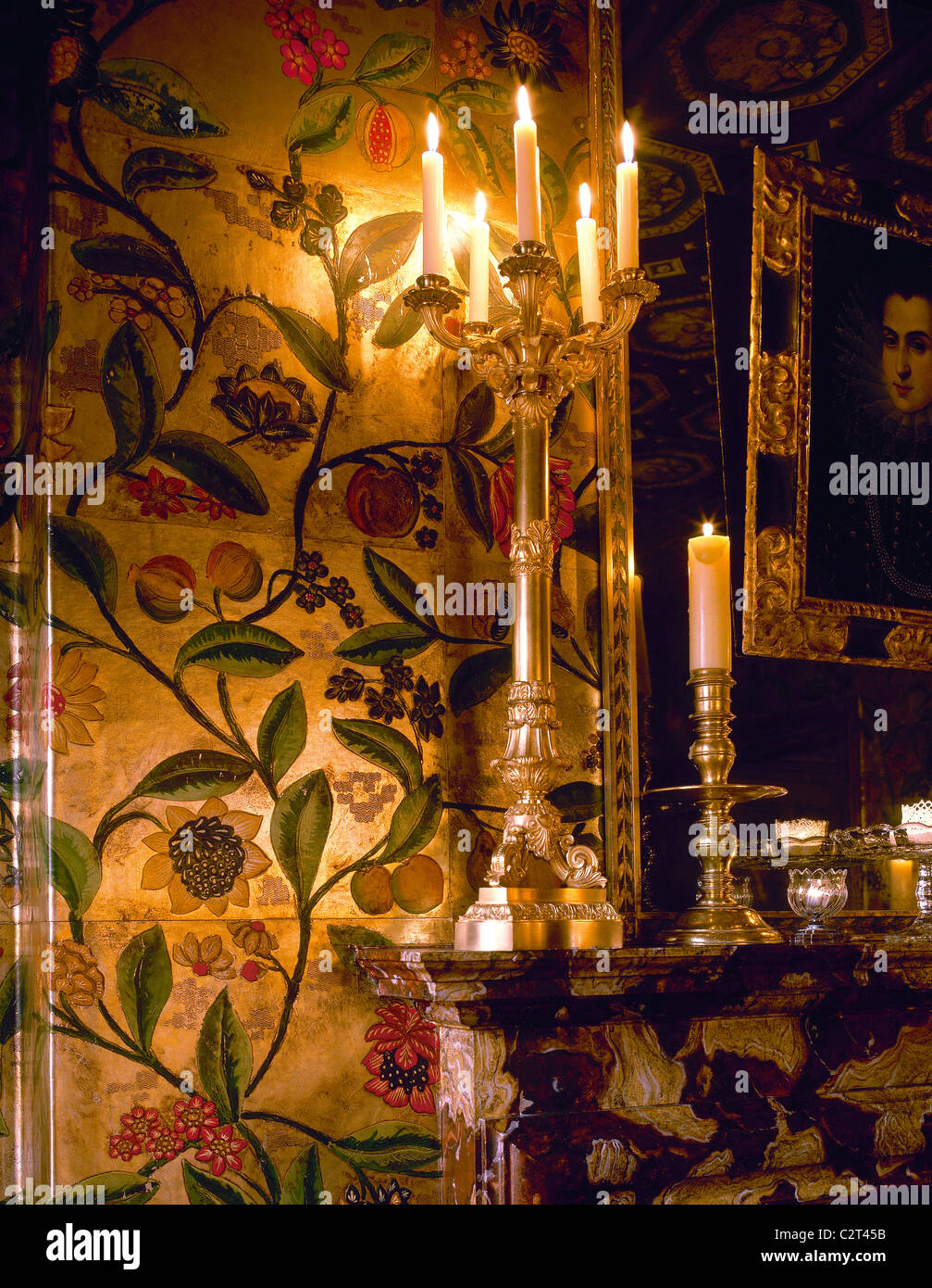 silver candlesticks, lit candles, Interiors, detail Stock Photo - Alamy