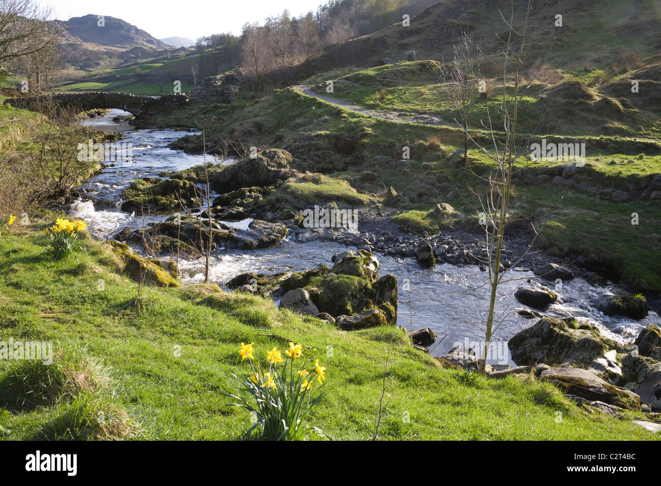 Lake District Cumbria England UK Watendlath Beck flows under a narrow ...
