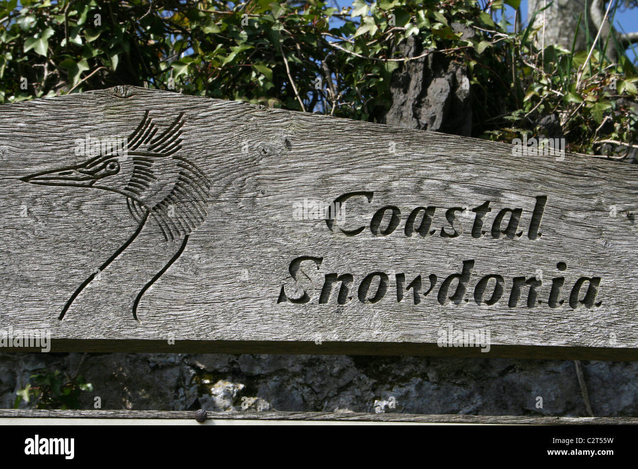 Wooden Coastal Snowdonia Sign With A Carved Great Crested Grebe At The ...