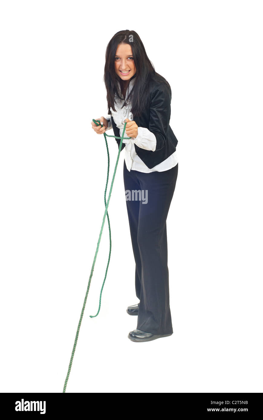 Full length of executive woman pulling rope isolated on white ...