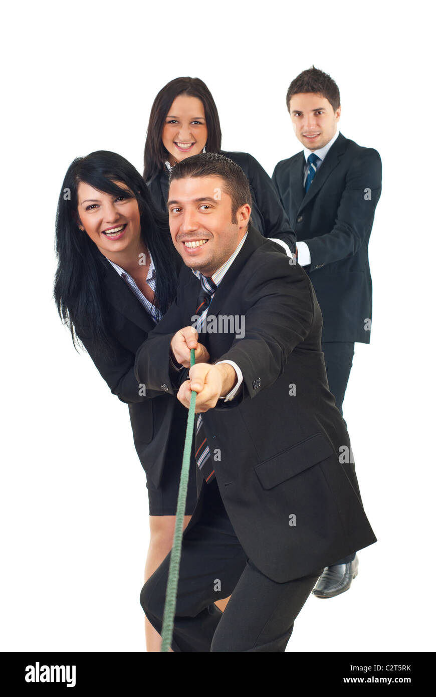 Four business people team pulling rope isolated on white background ...