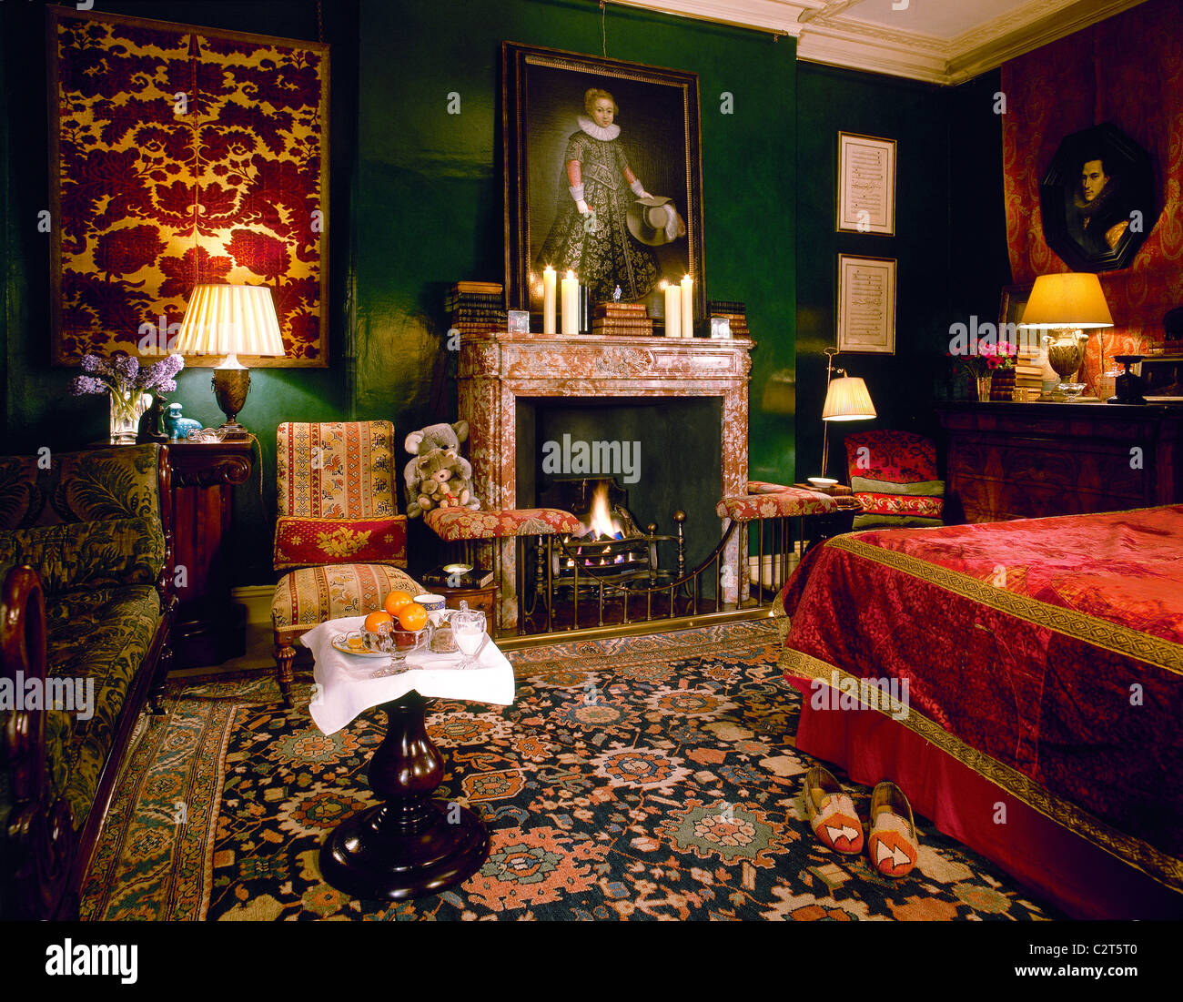 Traditional, red bedroom, marble fireplace, open fires, tapestry wall ...