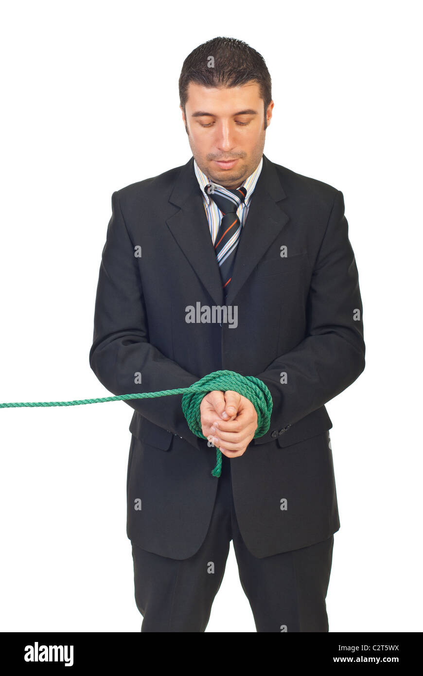 Corrupted tied business man looking down isolated on white background ...