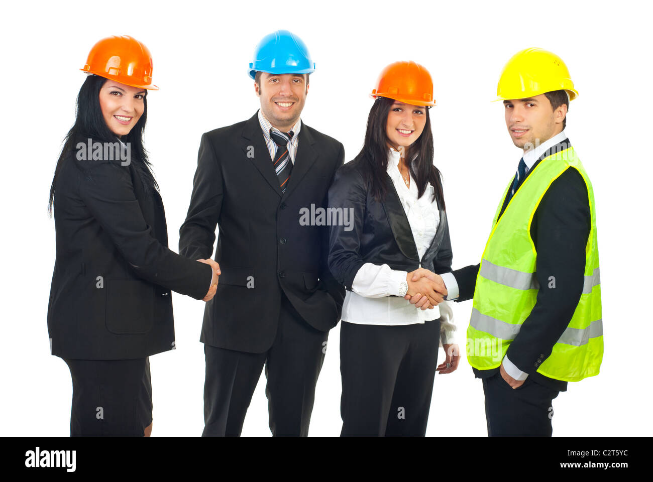 Engineer team and architect team giving handshake and smiling isolated ...