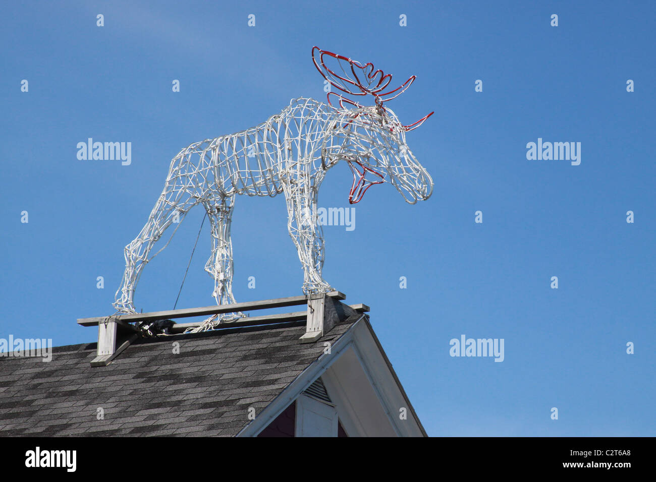 A wire moose stands high above Bar Harbor, Maine's Main Street Stock ...