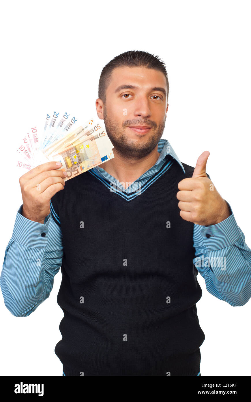 Smiling business man holding euro banknotes and giving thumb up ...