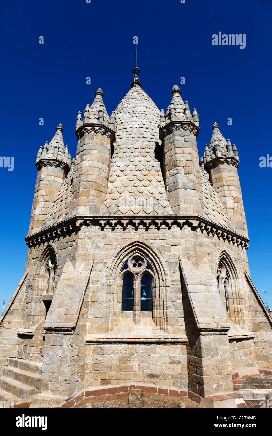 The tower of the Romanesque style Cathedral (Se) in Evora, Portugal ...