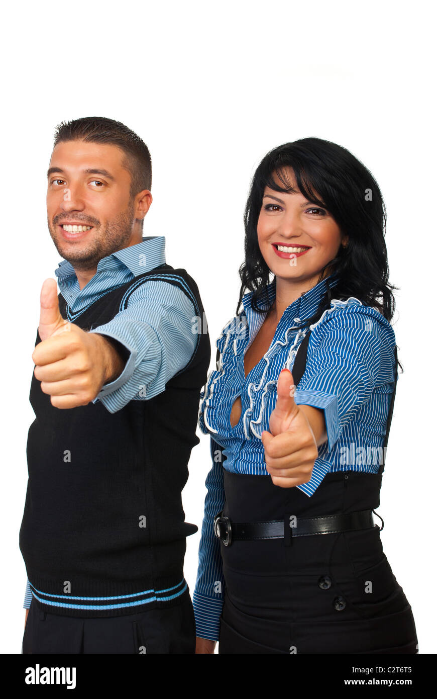 Two happy business people smiling and giving thumbs up isolated on ...