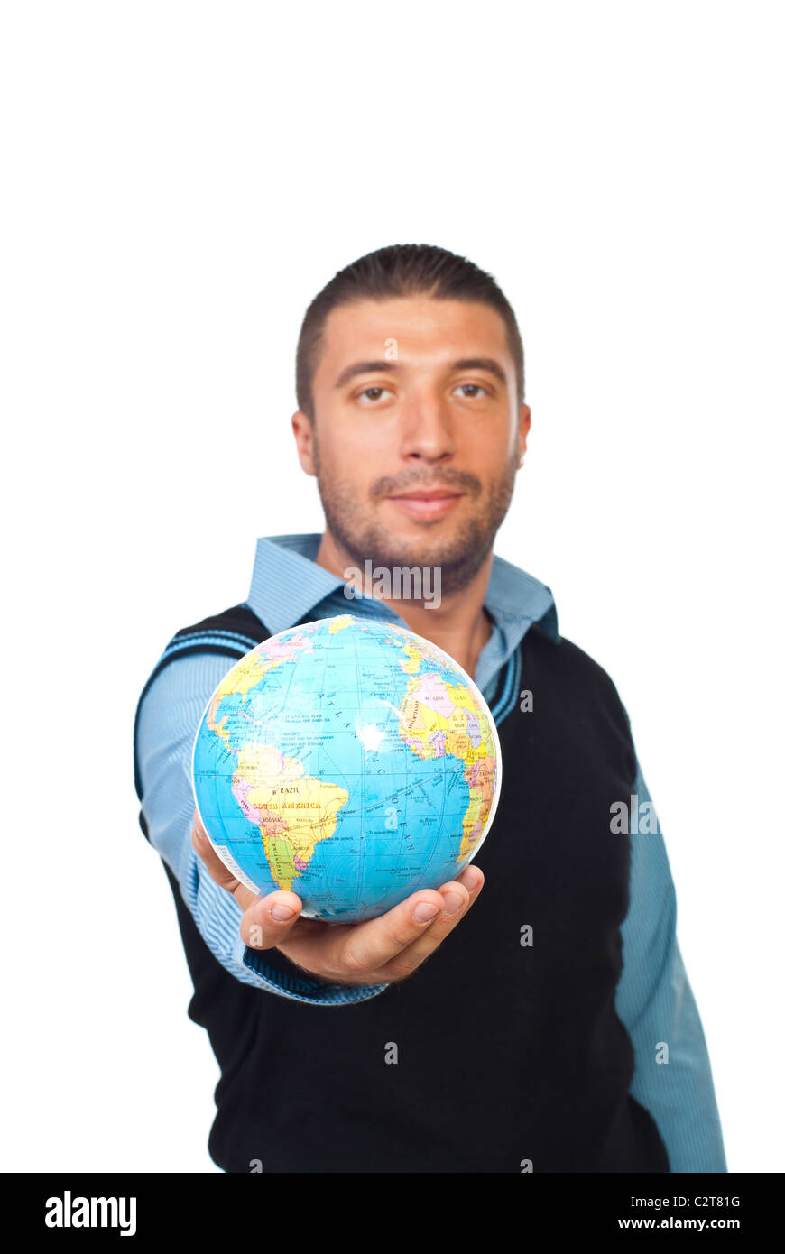Executive man giving world globe isolated on white background,selective ...