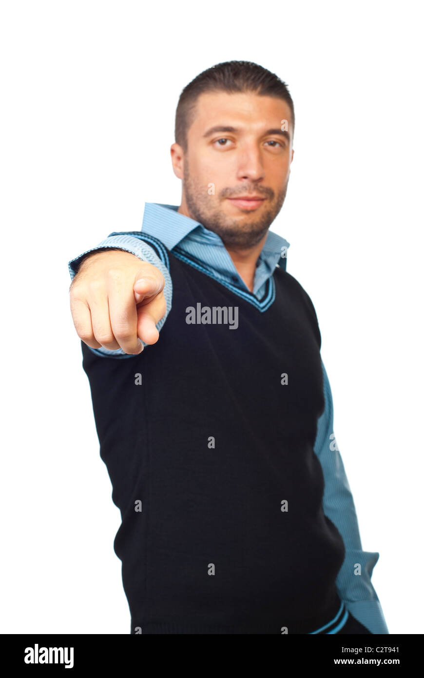 Accuser man with serious face indicate to you isolated on white ...