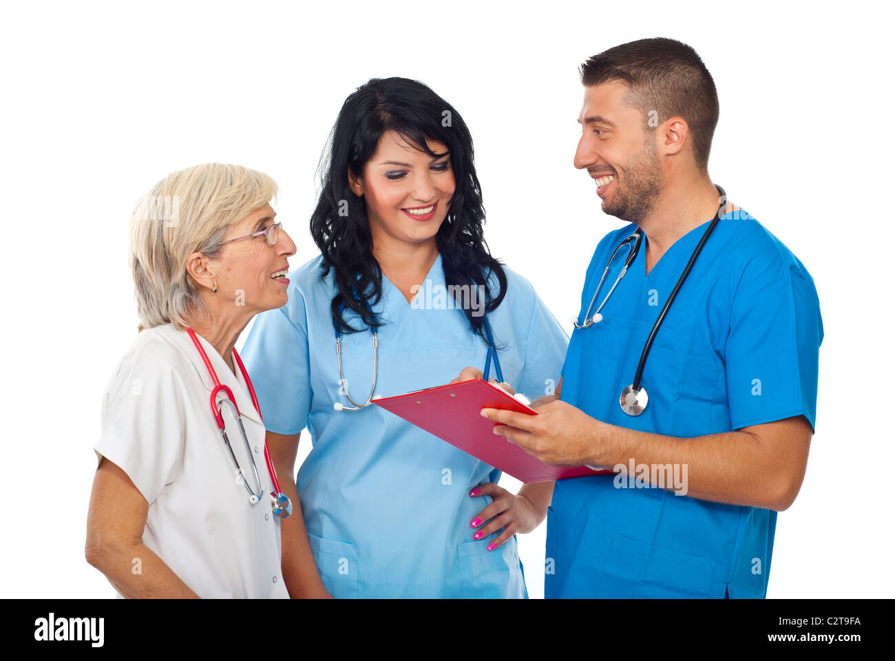 Group of three doctors having a funny conversation isolated on white ...