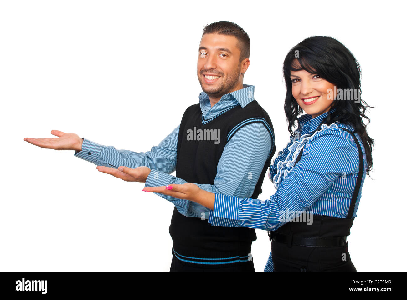 Two business people invite you to join their business and welcoming ...