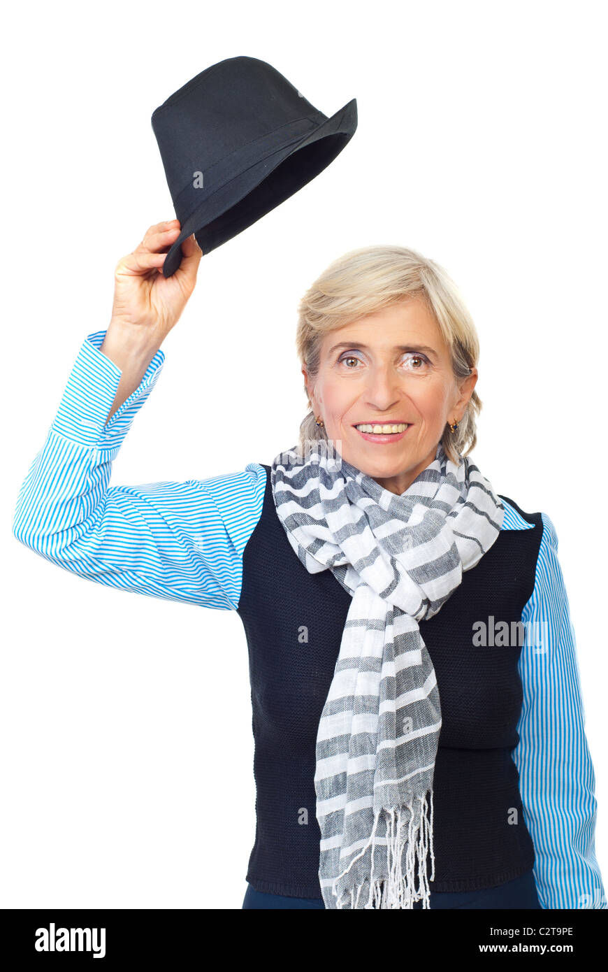 Senior woman raising hat and expression her admiration for you:Hats off ...