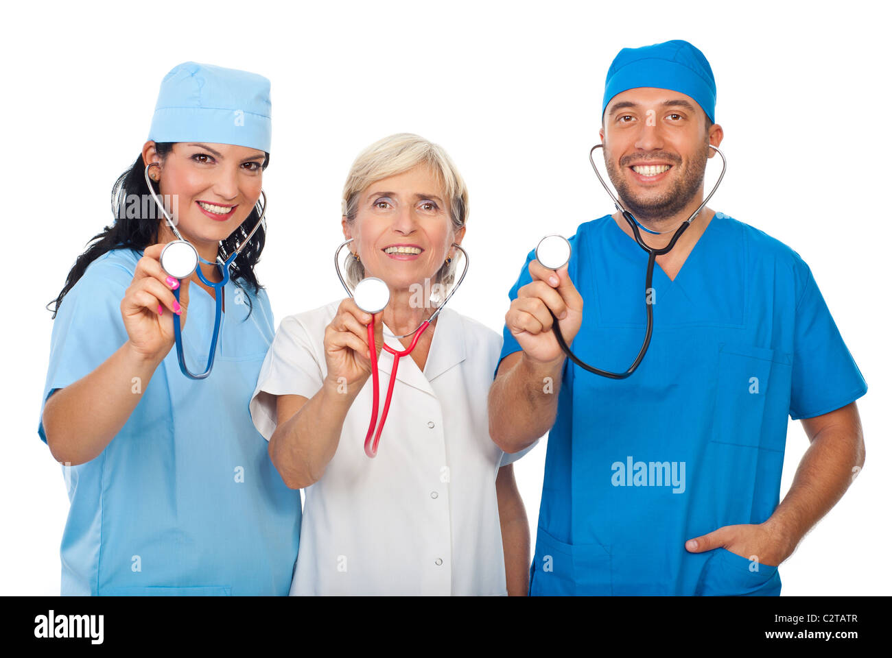 Happy group of diverse doctors smiling and showing their stethoscopes ...