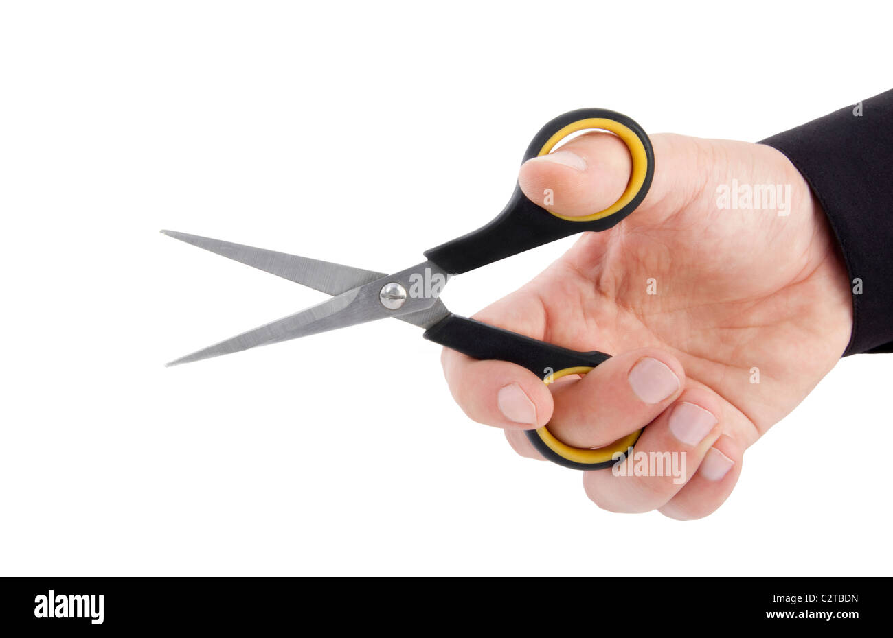 Scissors in hand isolated on white background Stock Photo - Alamy