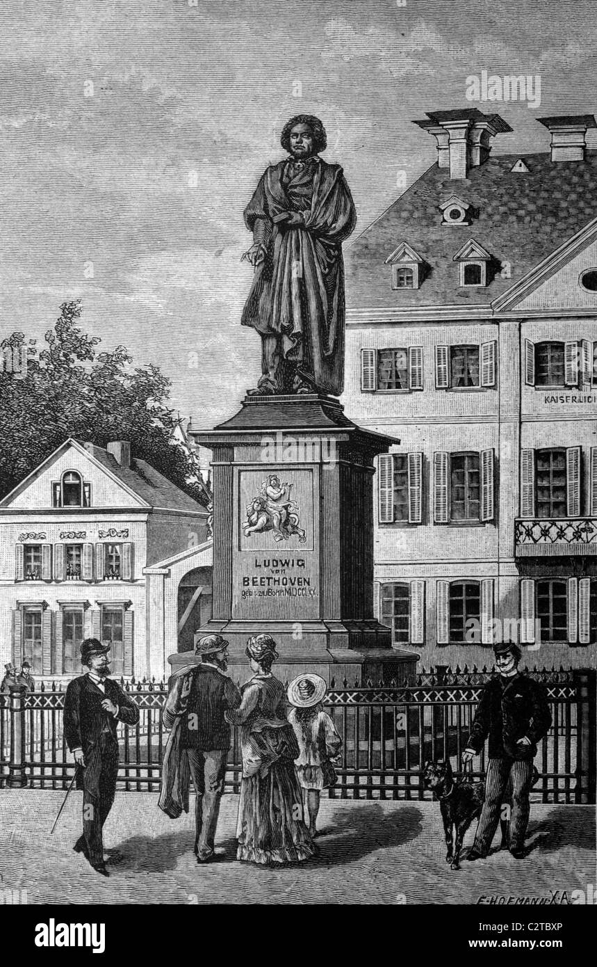Beethoven monument in Bonn, Germany, historical illustration, circa ...
