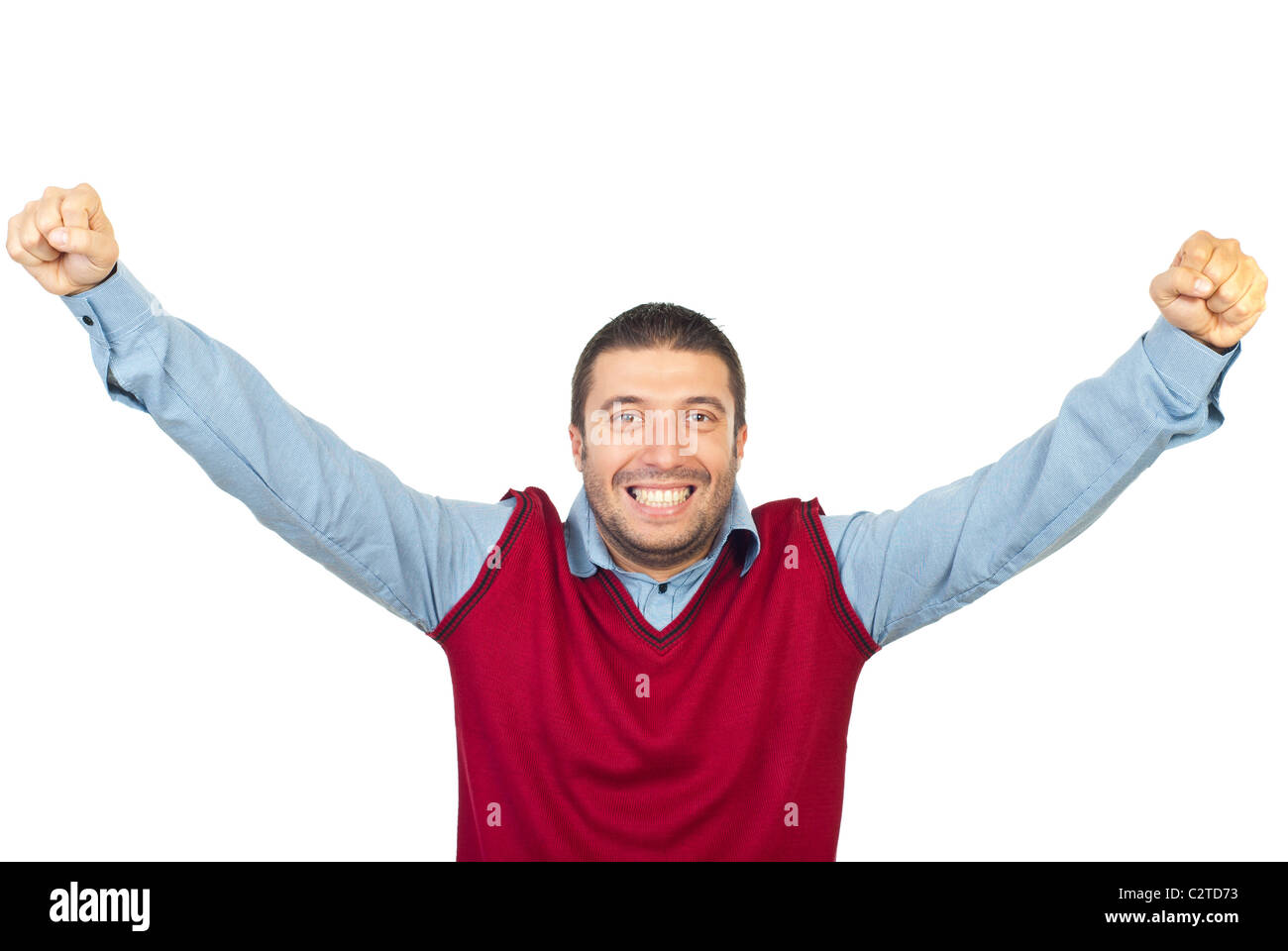 Excited man raising his hands and cheering isolated on white background ...