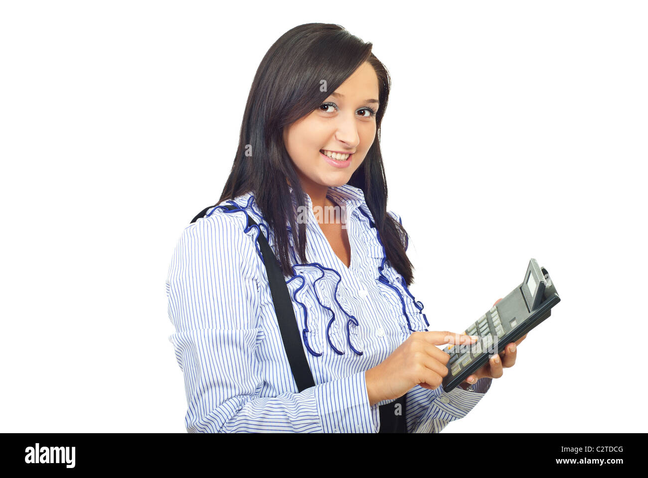 Happy woman type on calculator and smile isolated on white background ...
