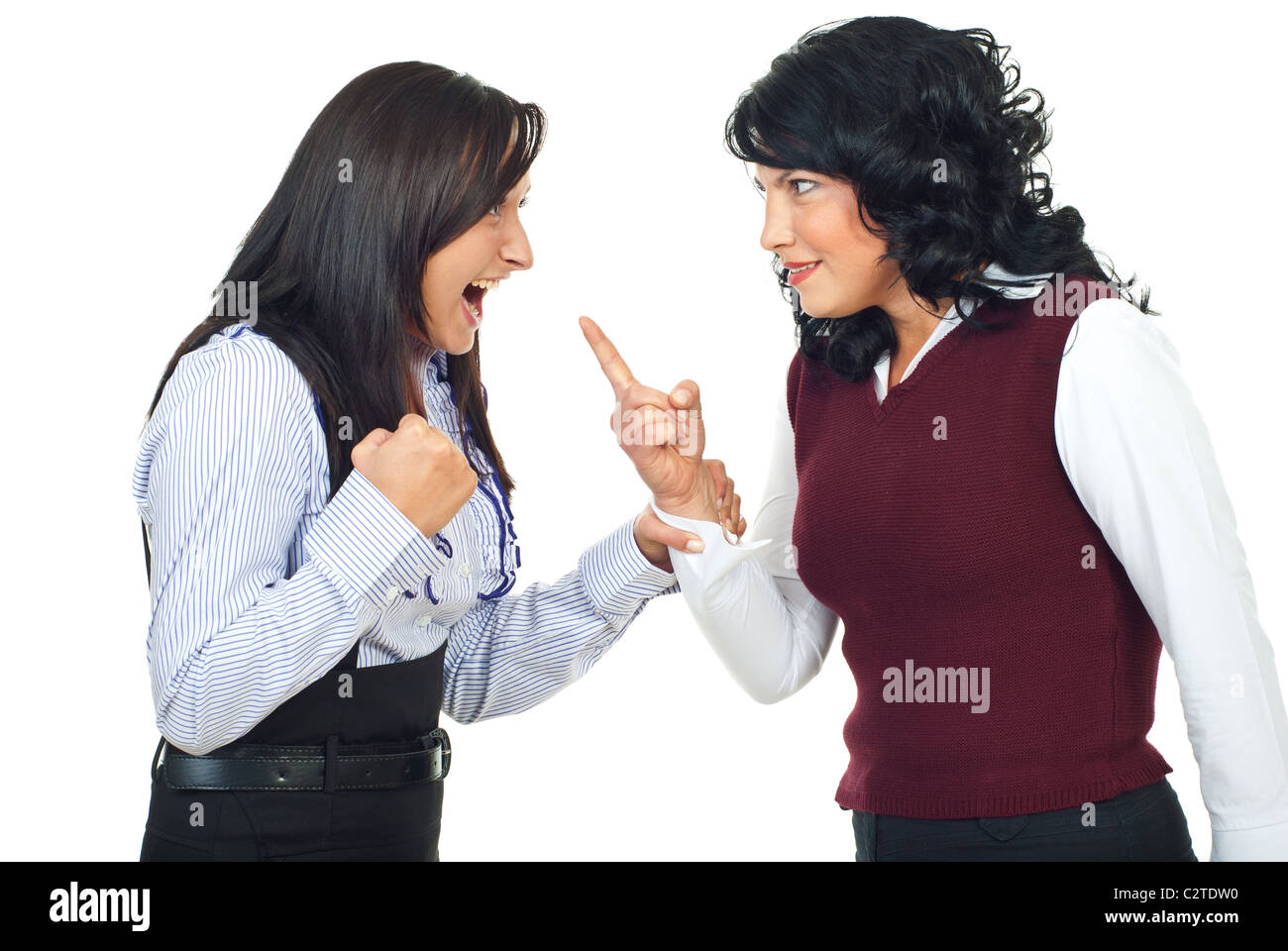 Two women having conflict and preparing for fight isolated on white ...