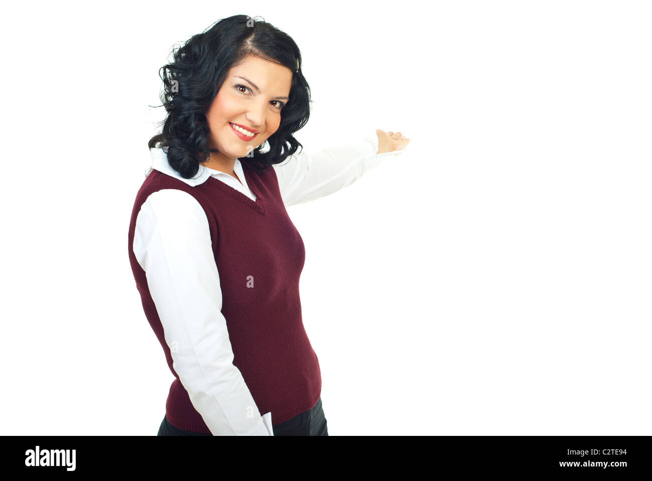 Beautiful smiling business woman welcome hand gesture isolated on white ...