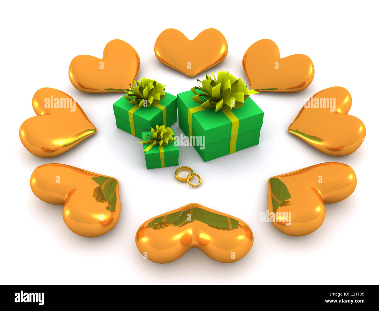 golden hearts around gifts. 3d Stock Photo - Alamy