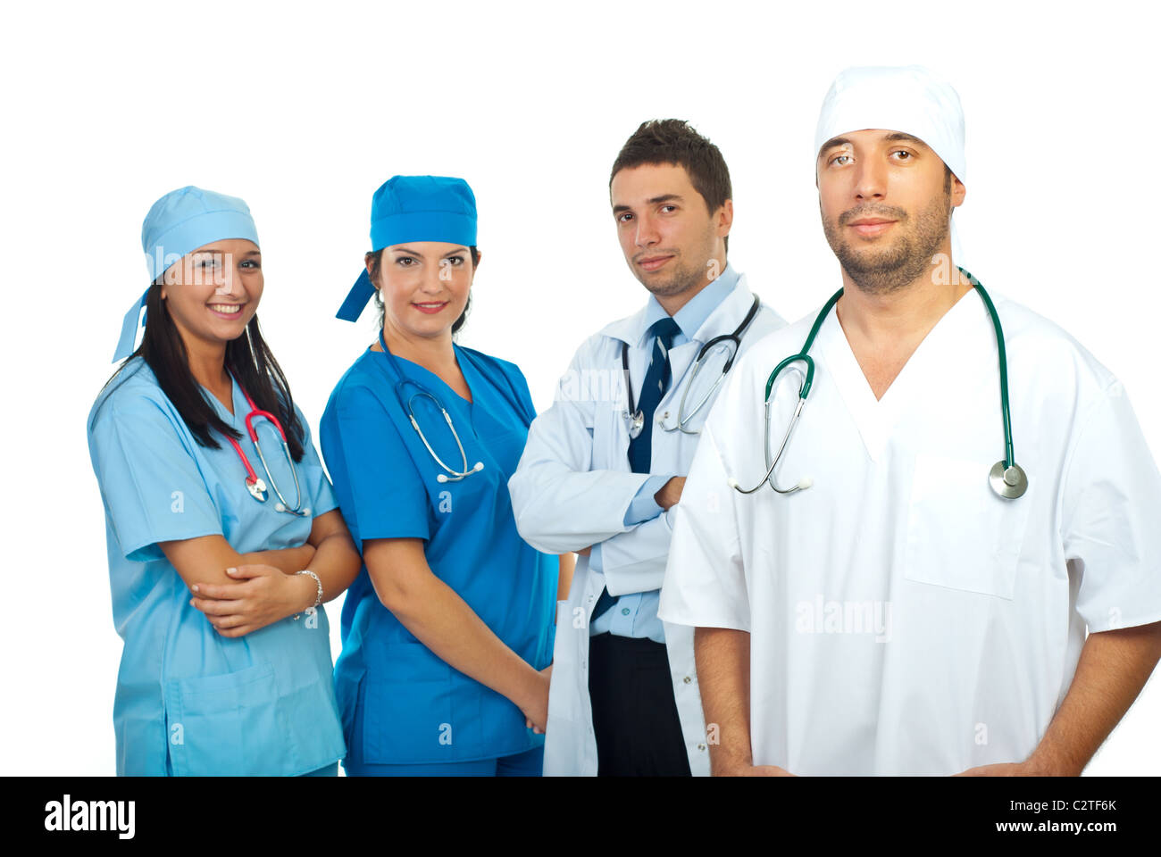 Surgeon man in white uniform and his team isolated on white background ...