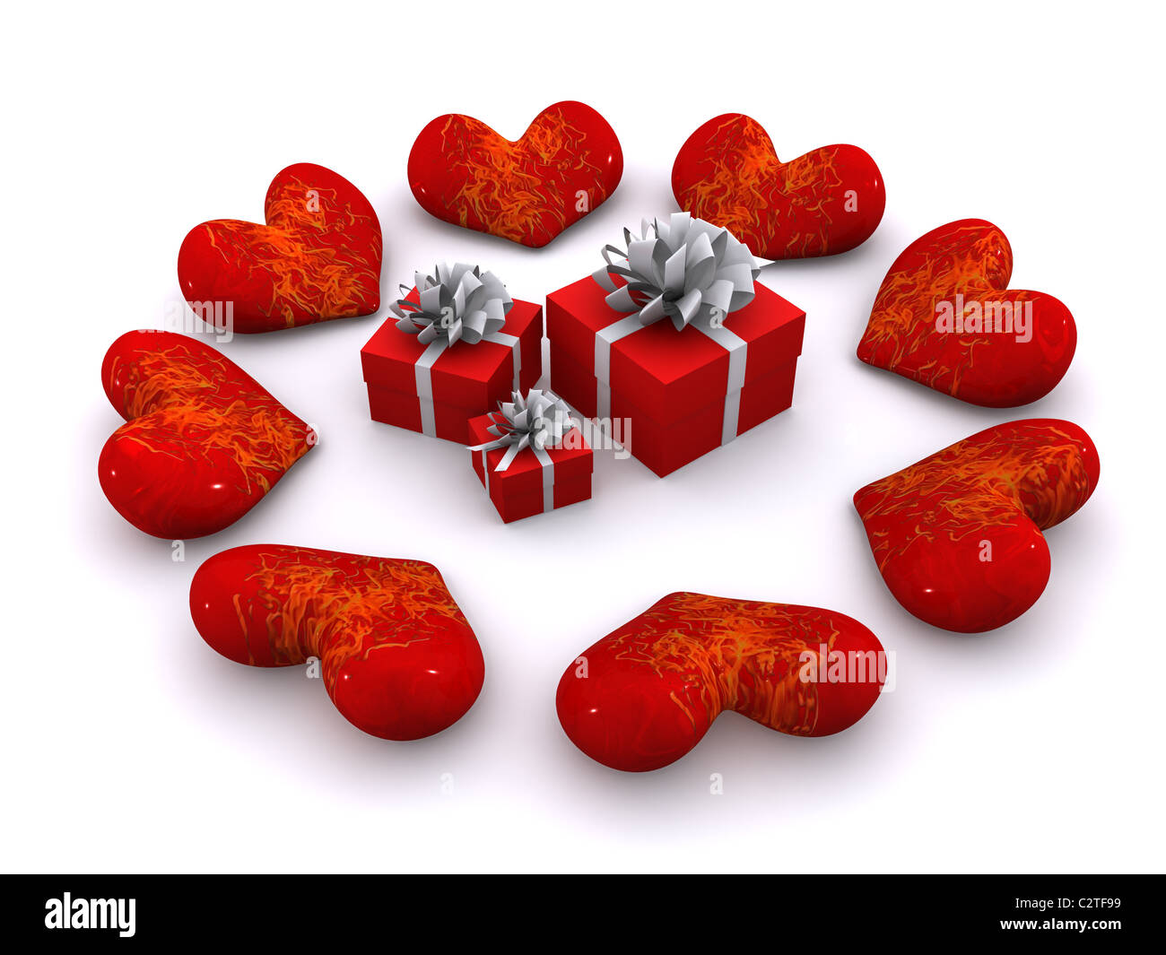 fire hearts around gifts. 3d Stock Photo - Alamy
