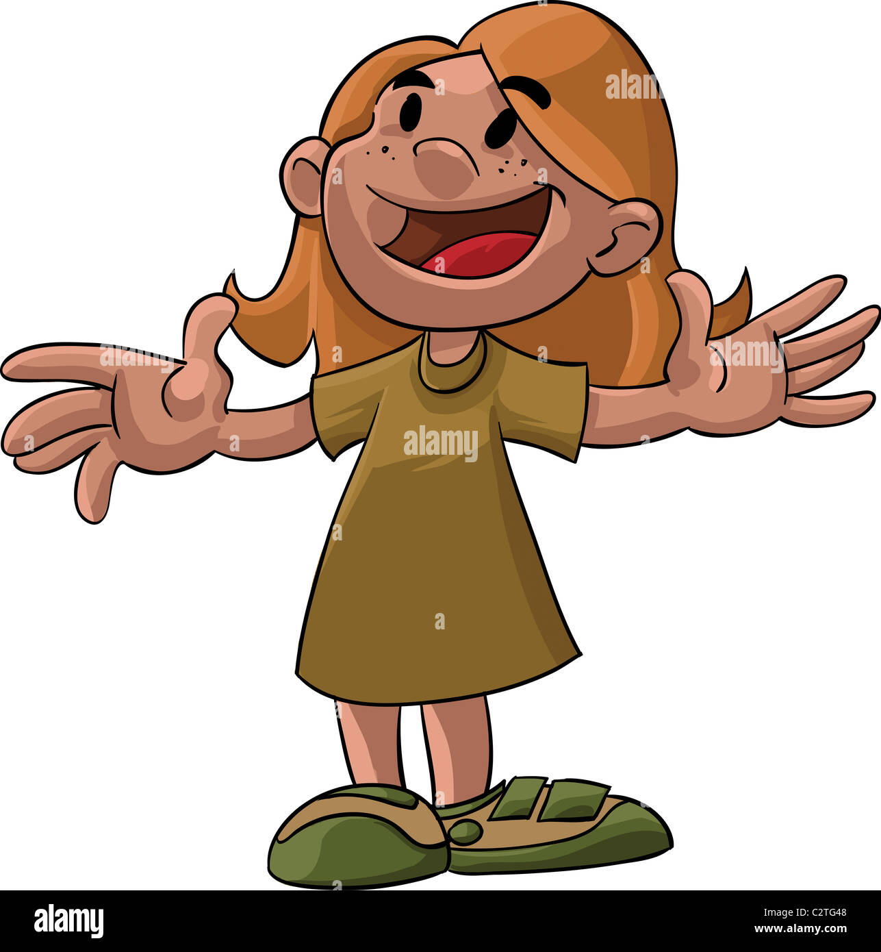 A cartoon illustration of a young girl standing with her arms wide open ...