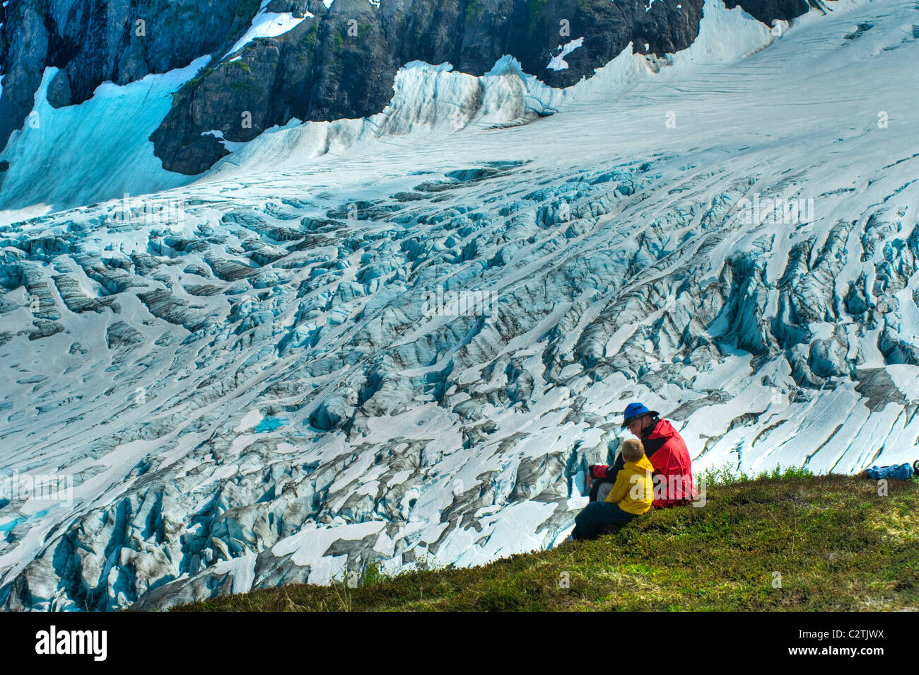 Father and son on the Harding Ice Field Trail overlooking Exit Glacier ...