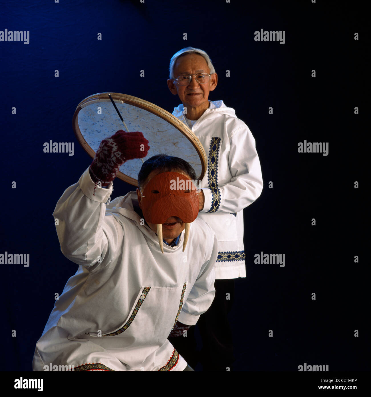 Eskimo Dancer w/Walrus Mask & Drummer in Regalia Alaska WE King Island ...