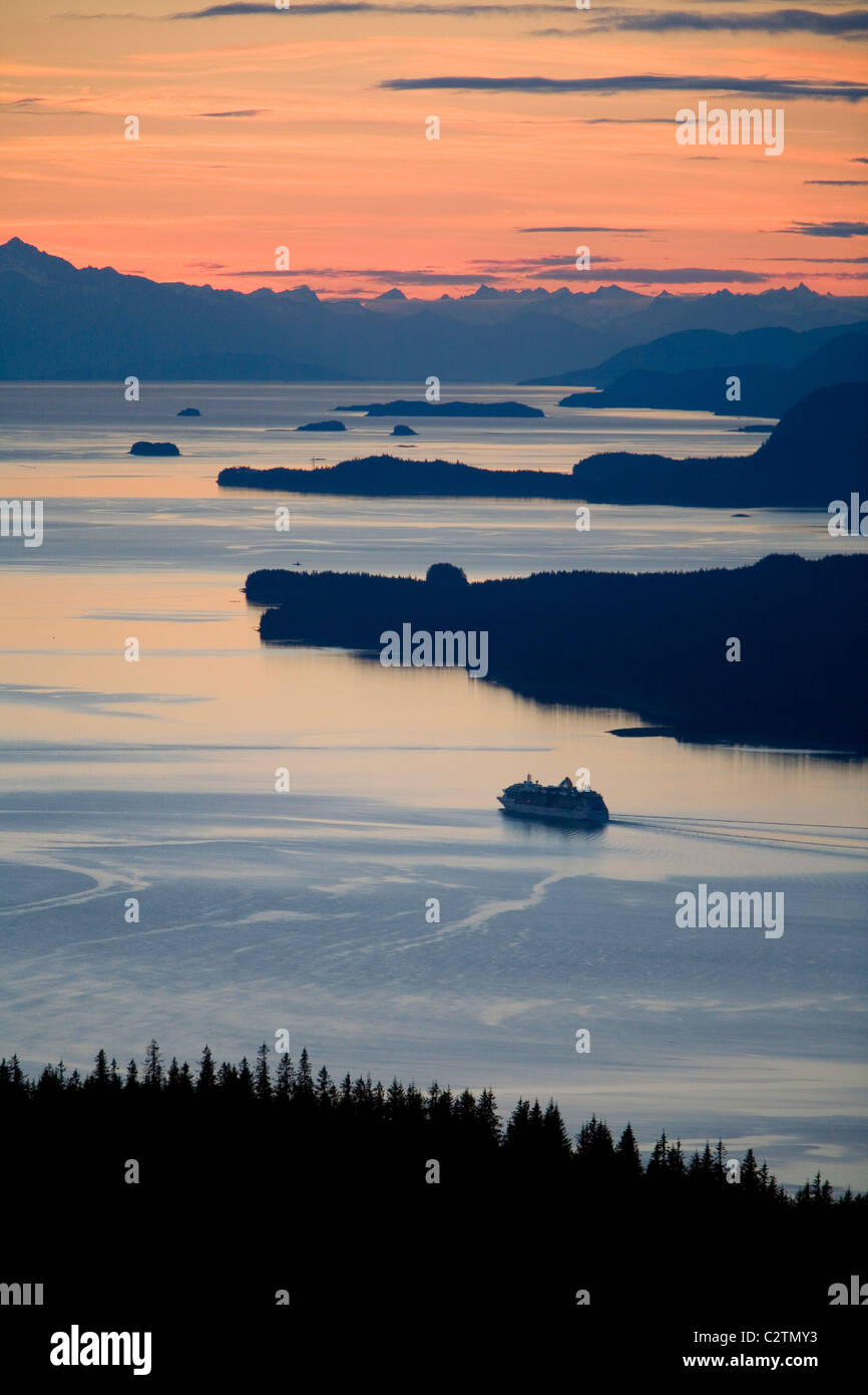 Sunset with Cruise ship heading north in Stephens Passage west of ...