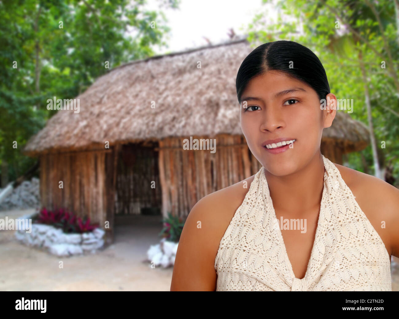 Latin hispanic mayan woman portrait in native jungle cabin Stock Photo ...